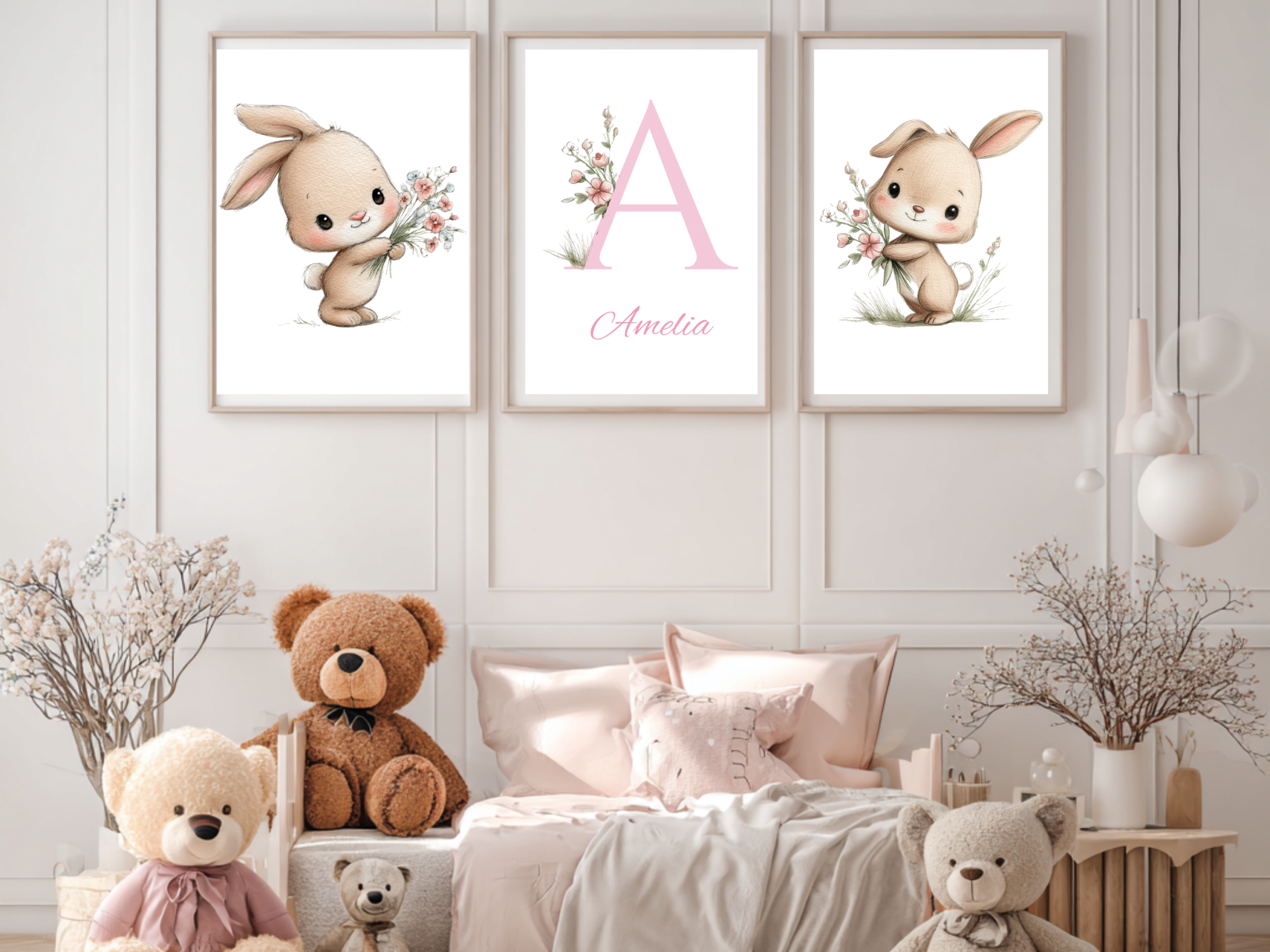 Personalised Bunny Nursery Prints Set of 3 - Little Nest Meadow