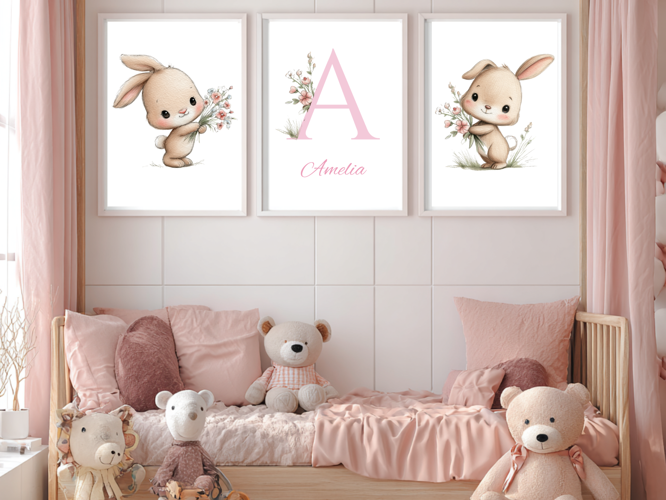 Personalised Bunny Nursery Prints Set of 3 - Little Nest Meadow