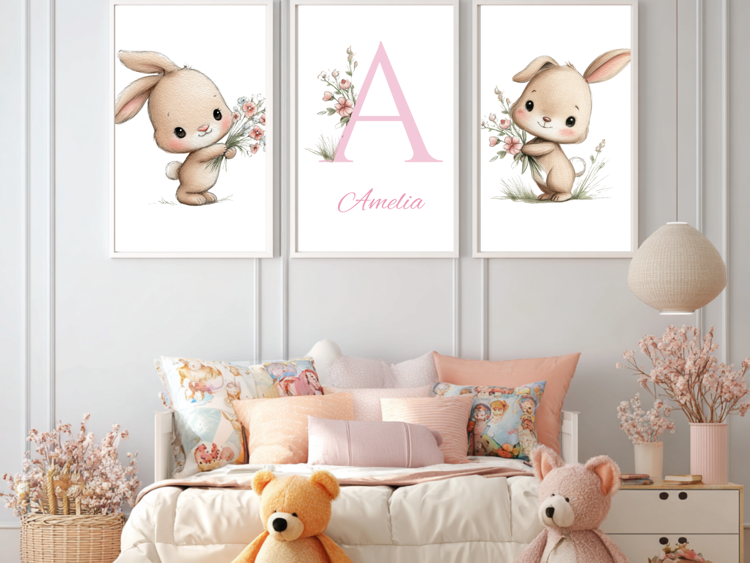 Personalised Bunny Nursery Prints Set of 3 - Little Nest Meadow