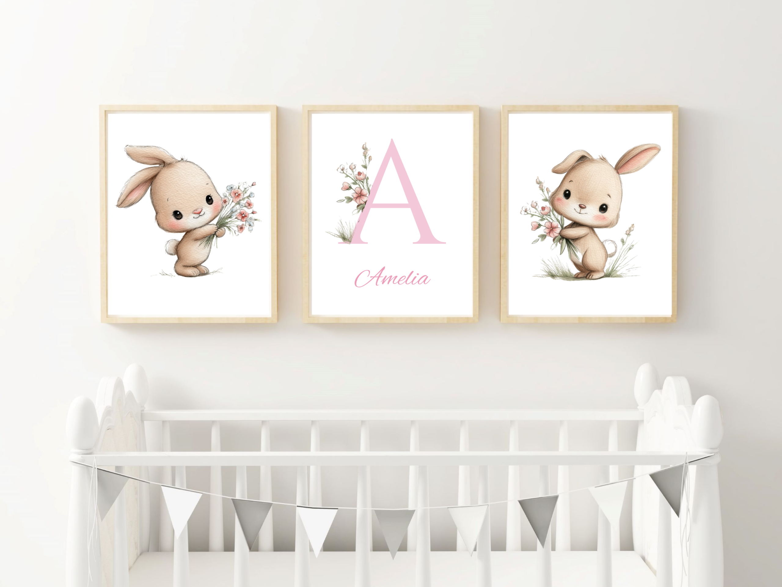 Personalised Bunny Nursery Prints Set of 3 - Little Nest Meadow