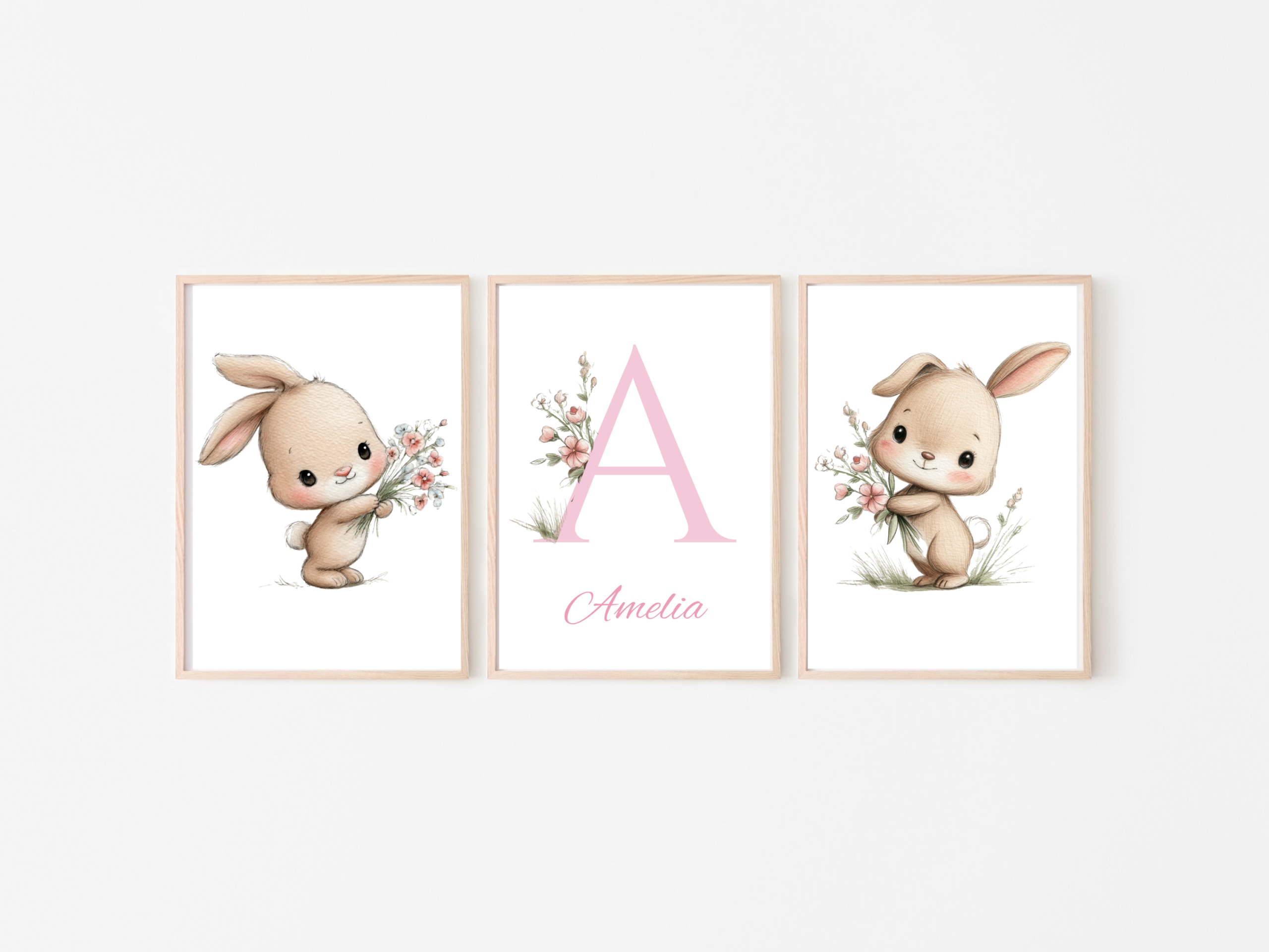 Personalised Bunny Nursery Prints Set of 3 - Little Nest Meadow